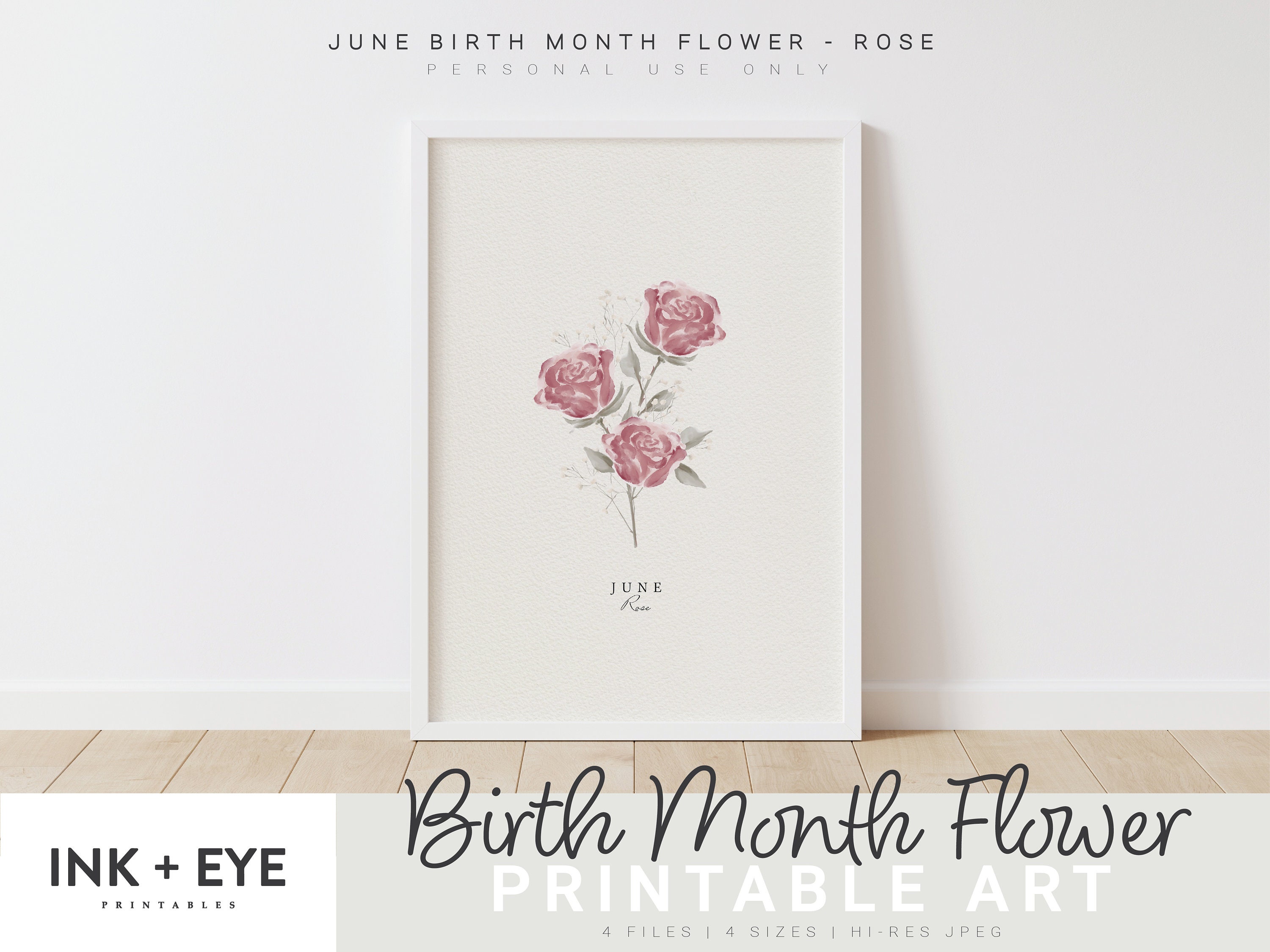 June Birth Month Flower Printable, Watercolor Rose, Digital Greeting ...
