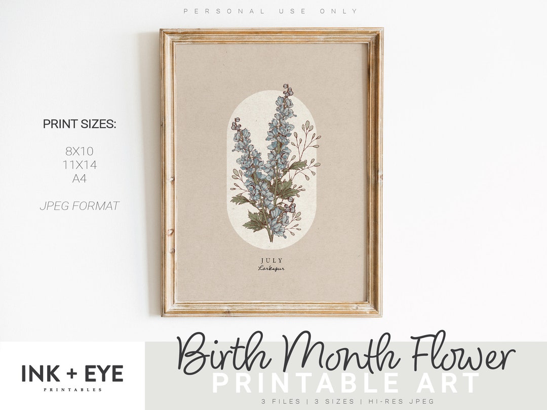 July Birth Month Flower Printable, Antique Vintage Style, Larkspur ...