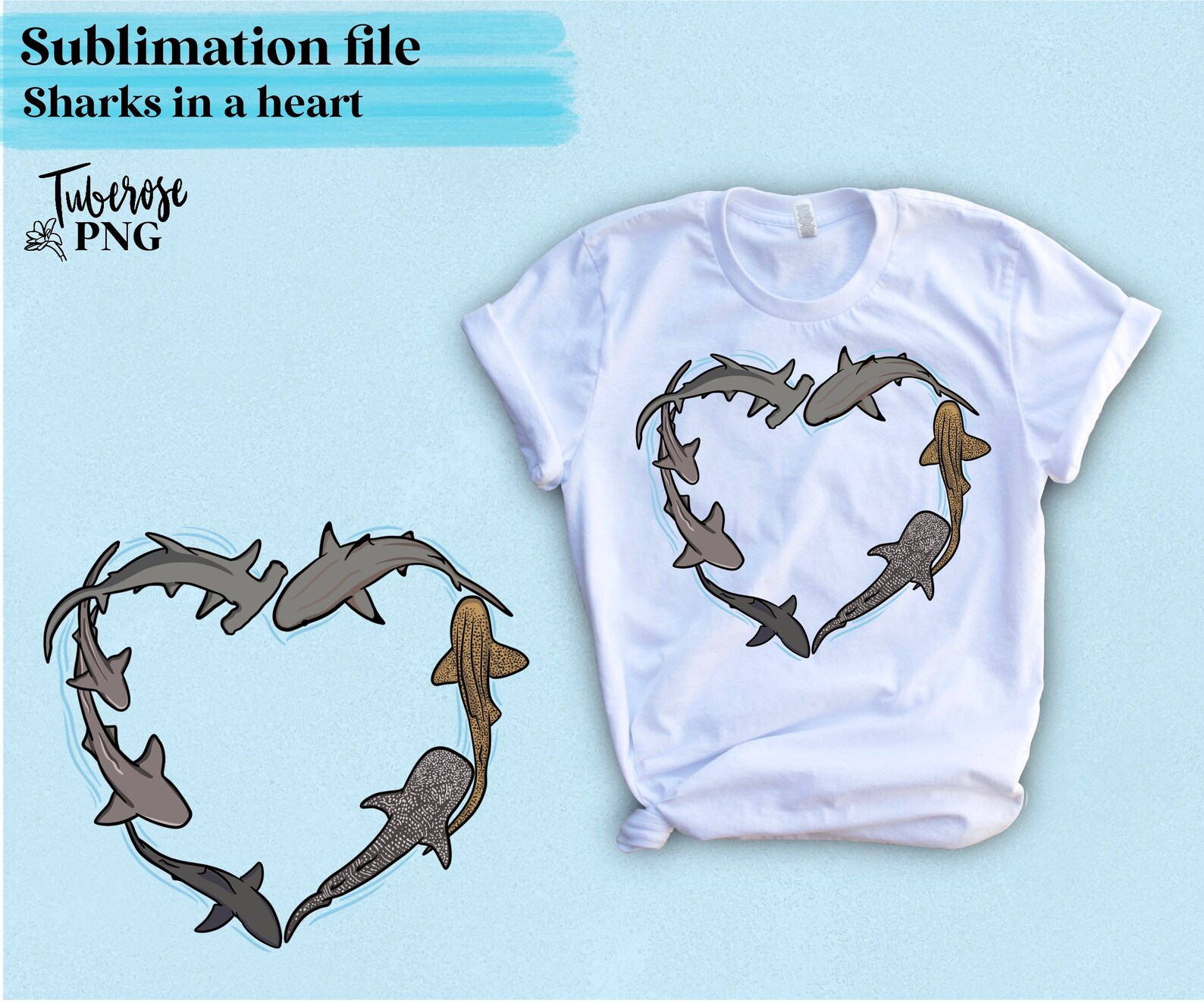 Sharks in a Heart PNG Sublimation File, Ocean Sublimation, Shark ...