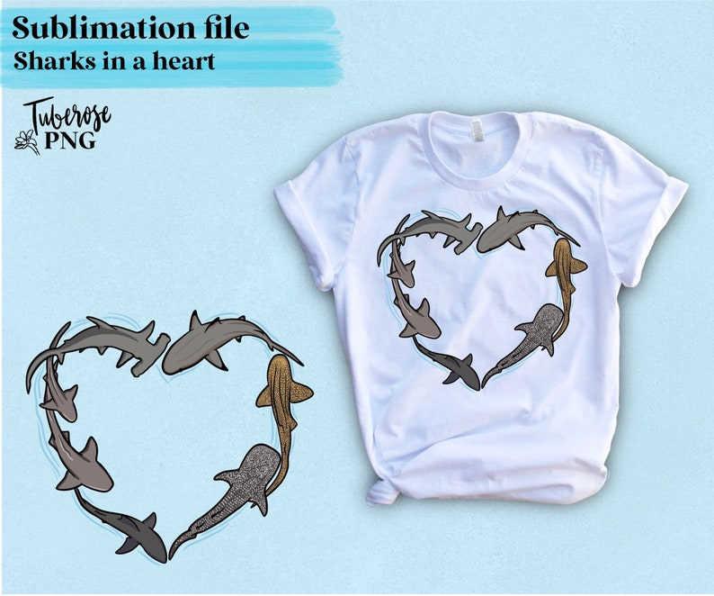 Sharks in a Heart PNG Sublimation File, Ocean Sublimation, Shark ...