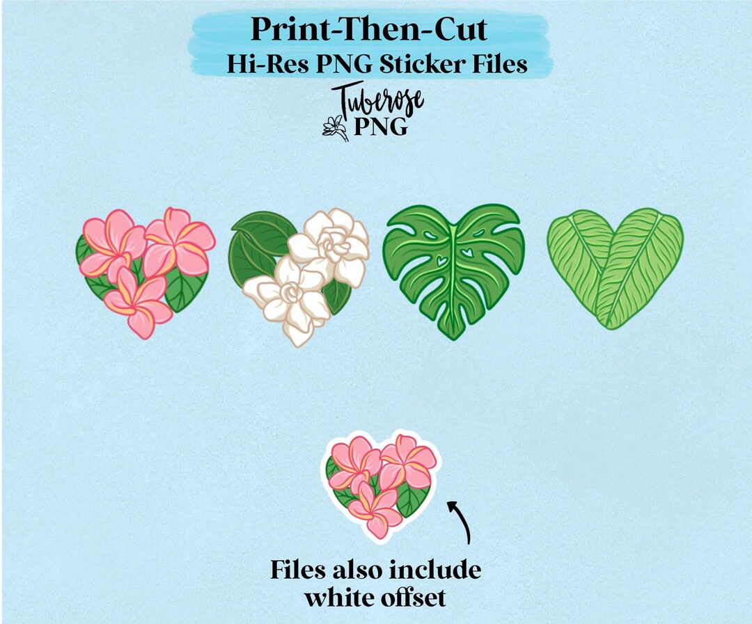 Tropical Heart Sticker Files, Plumeria Gardenia Flower & Leaves Print ...
