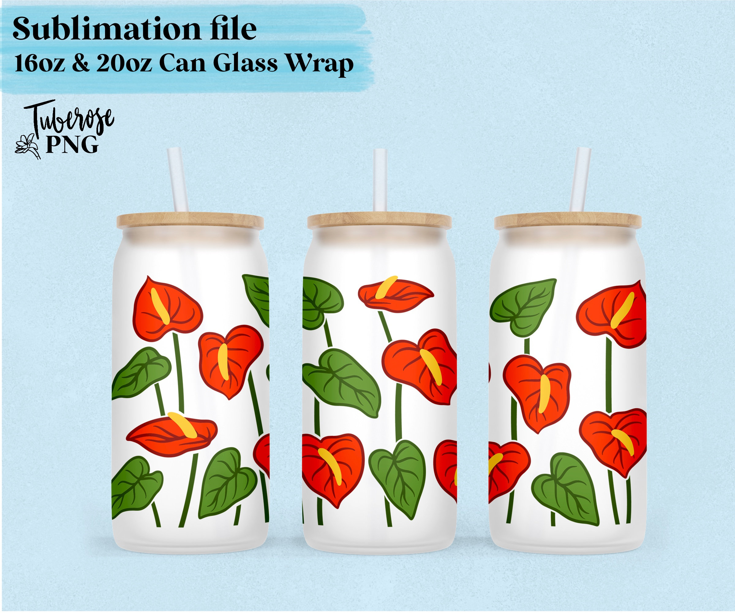 Anthurium Flower Can Glass Sublimation File for 16oz and 20oz Glass ...