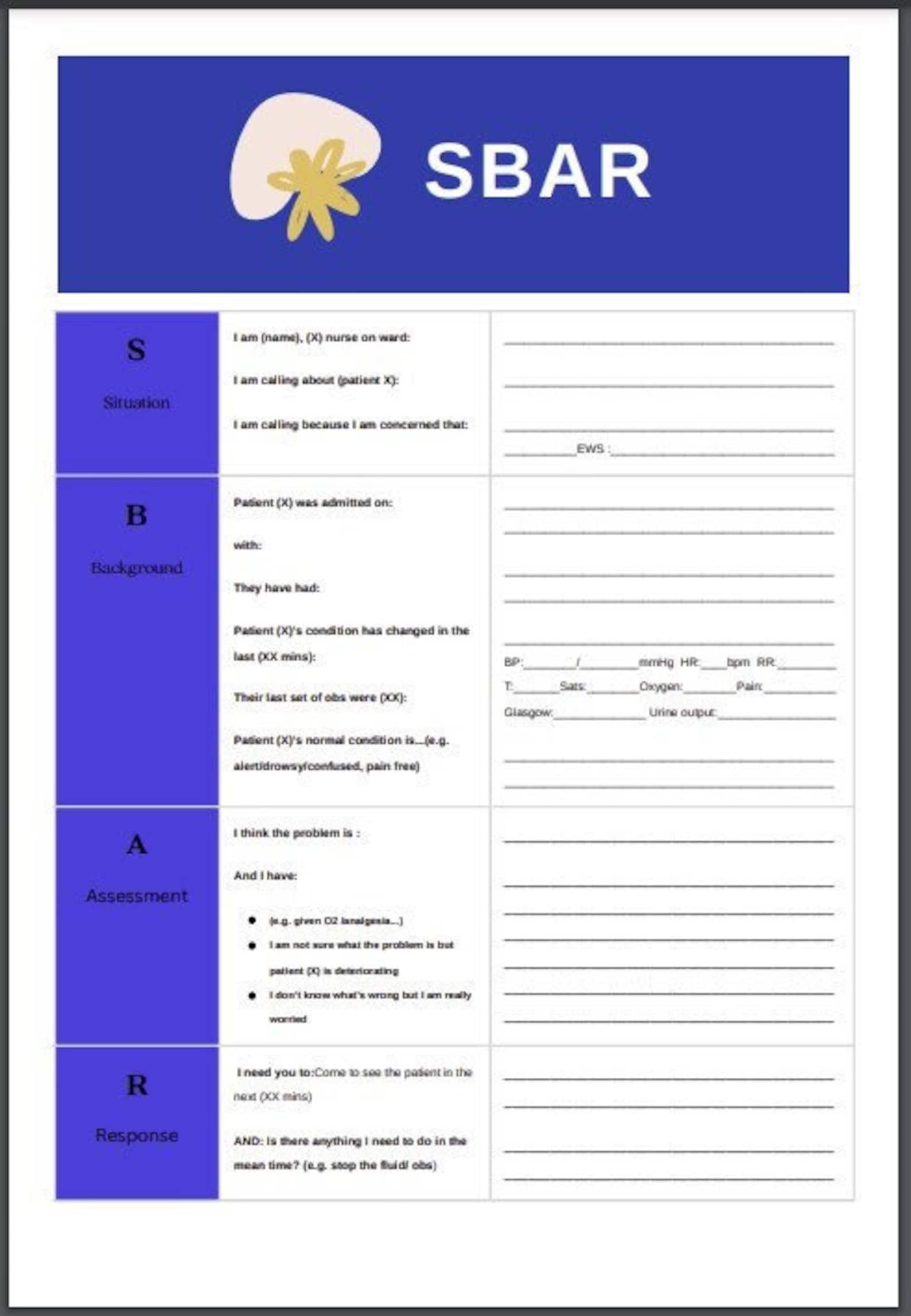 SBAR Template Digital Tool Blue Print as Many Times You Want ...