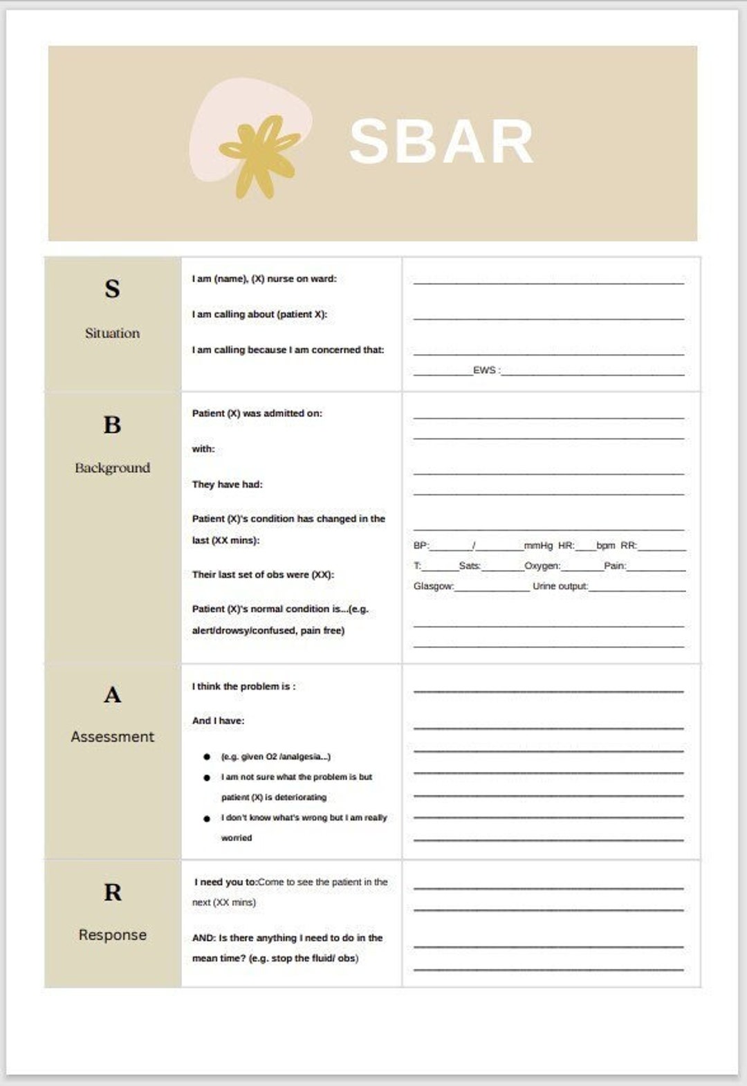 SBAR Template Digital Tool Print as Many Times You Want Communication ...