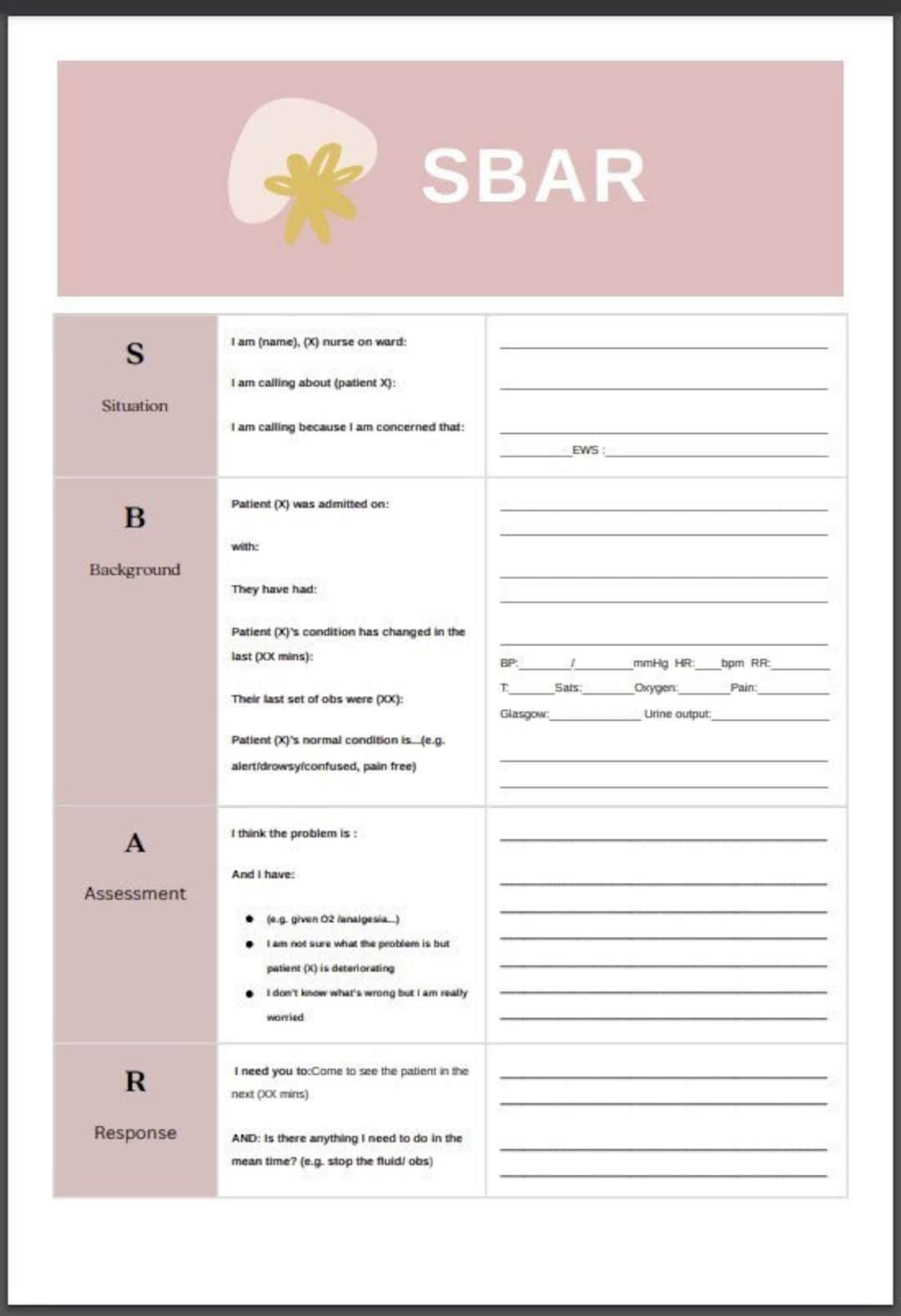 SBAR Template Digital Tool Pink Print as Many Times You Want ...