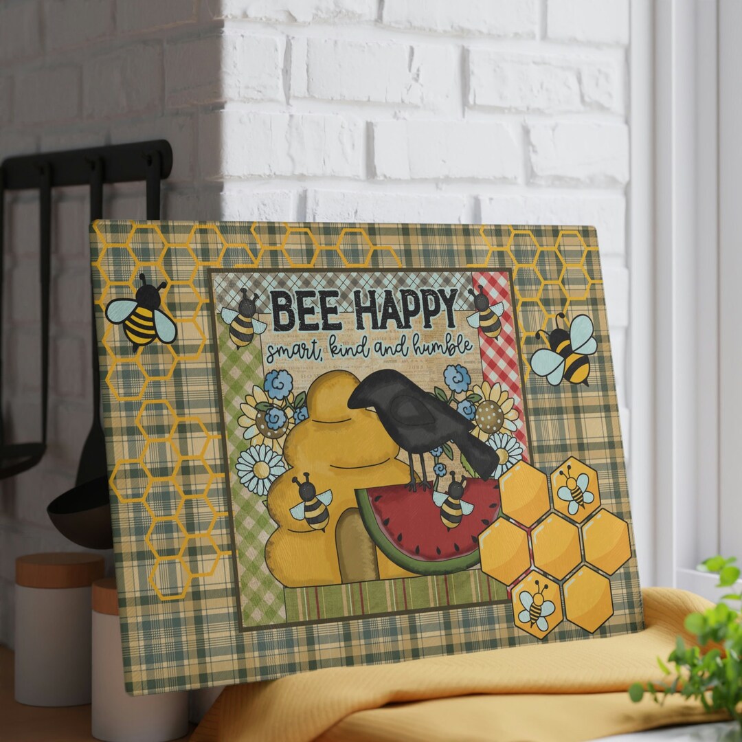 Bee Happy Country Kitchen Glass Cutting Board - Etsy