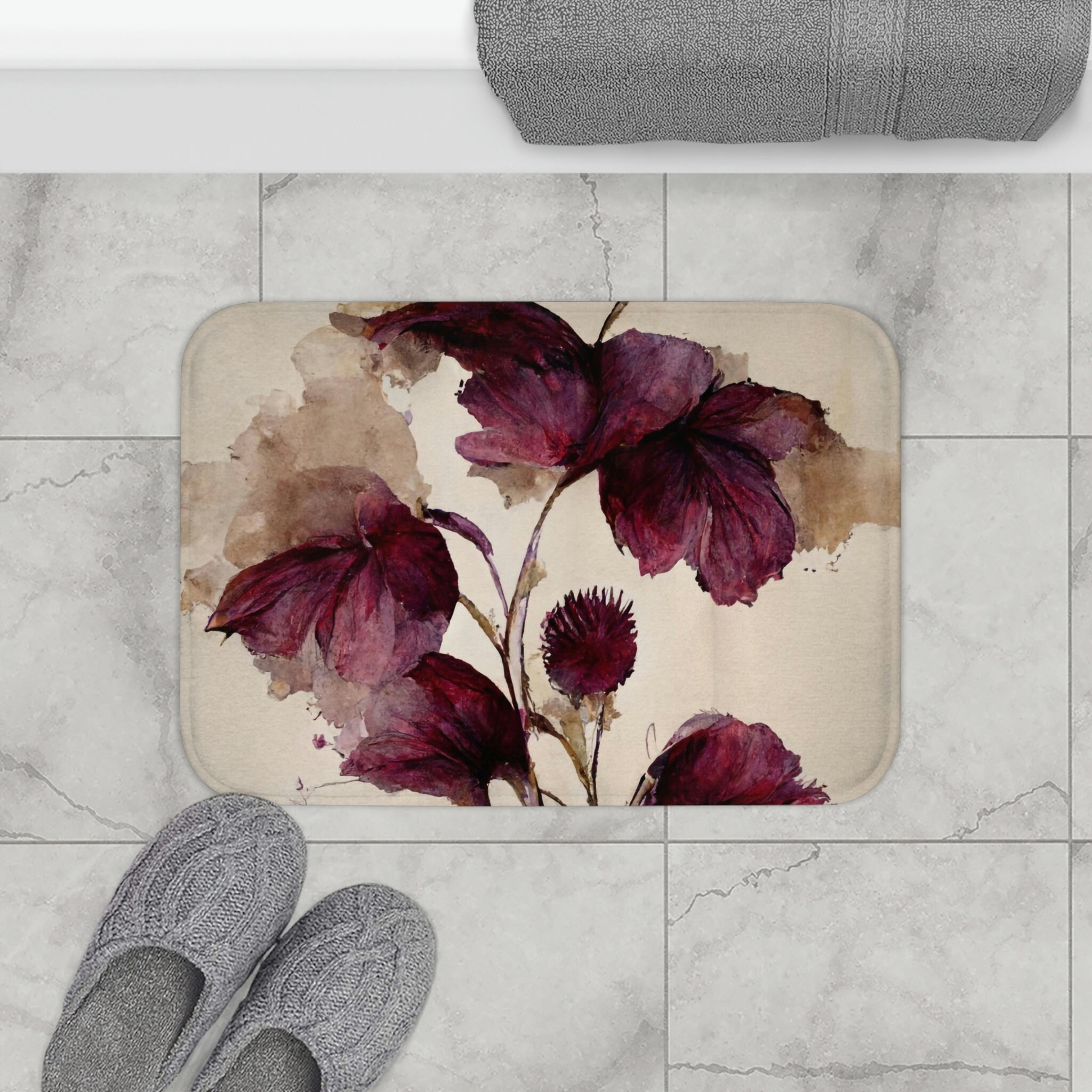 The Maria Collection Burgundy Floral Bath Mat - Etsy
