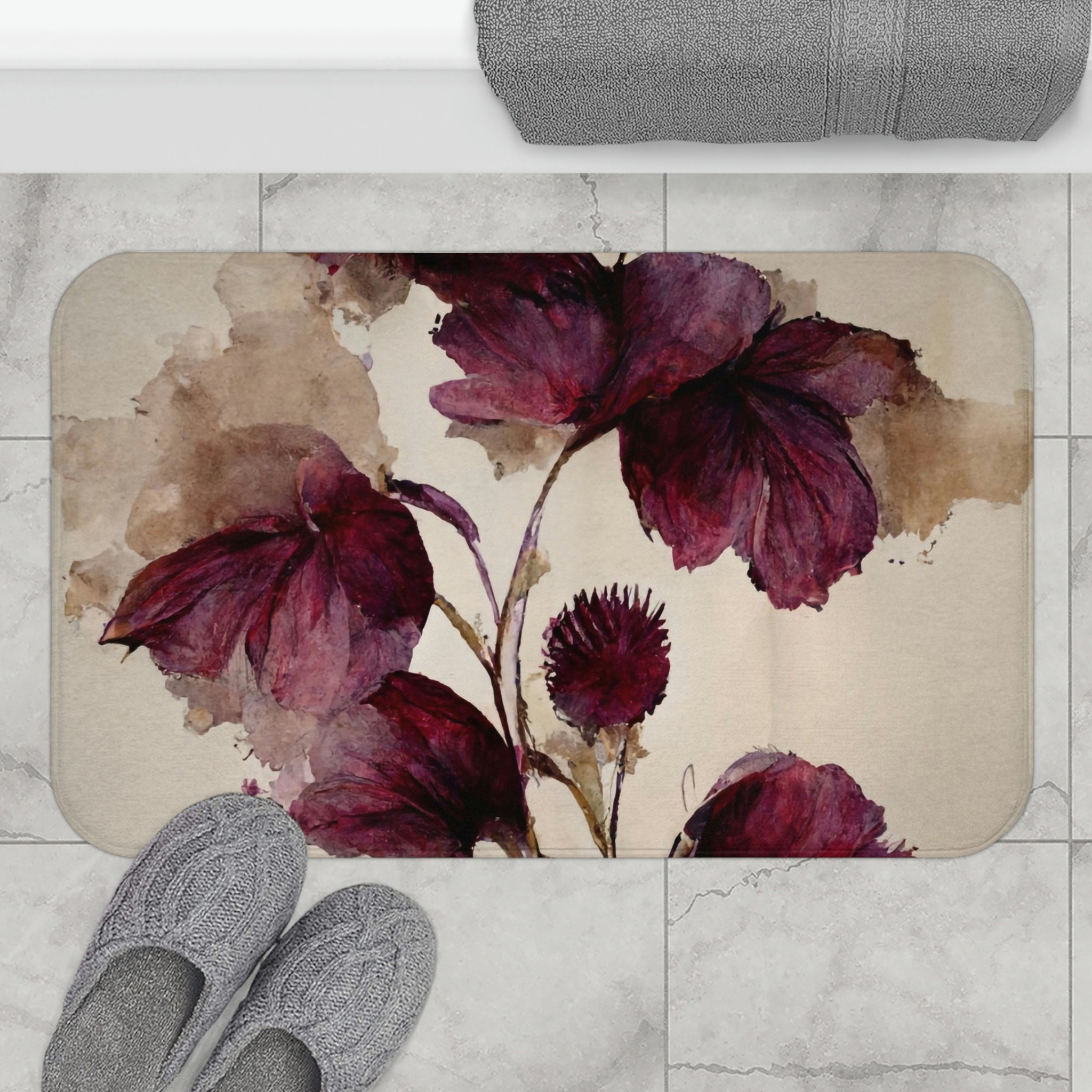 The Maria Collection Burgundy Floral Bath Mat - Etsy