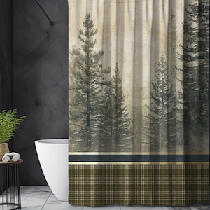 Moody Pines With Plaid Shower Curtain, Pine Trees Bath Curtain Nature ...