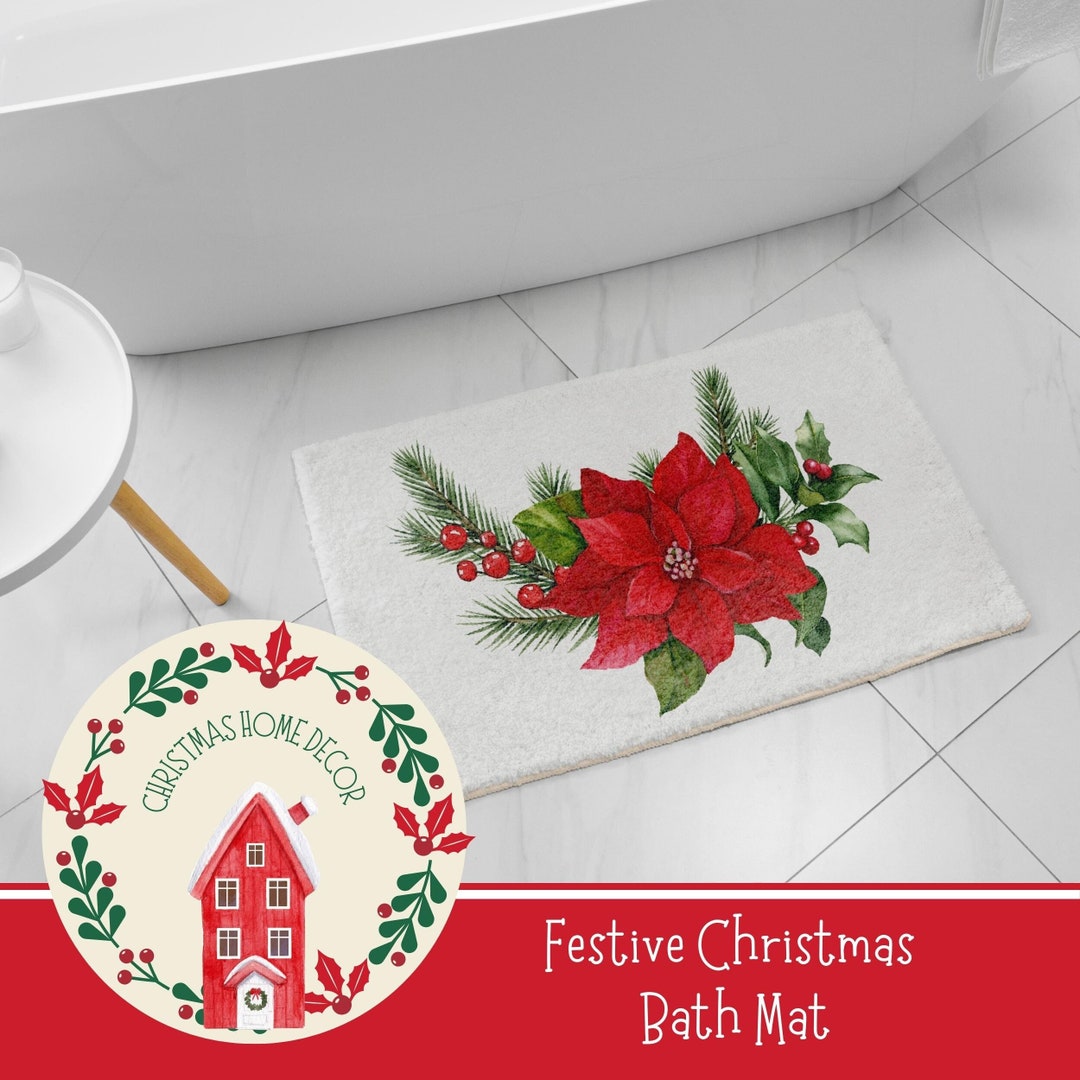 Elegant Christmas Bathroom Decor, Red Poinsettia Bath Mat With Holly ...
