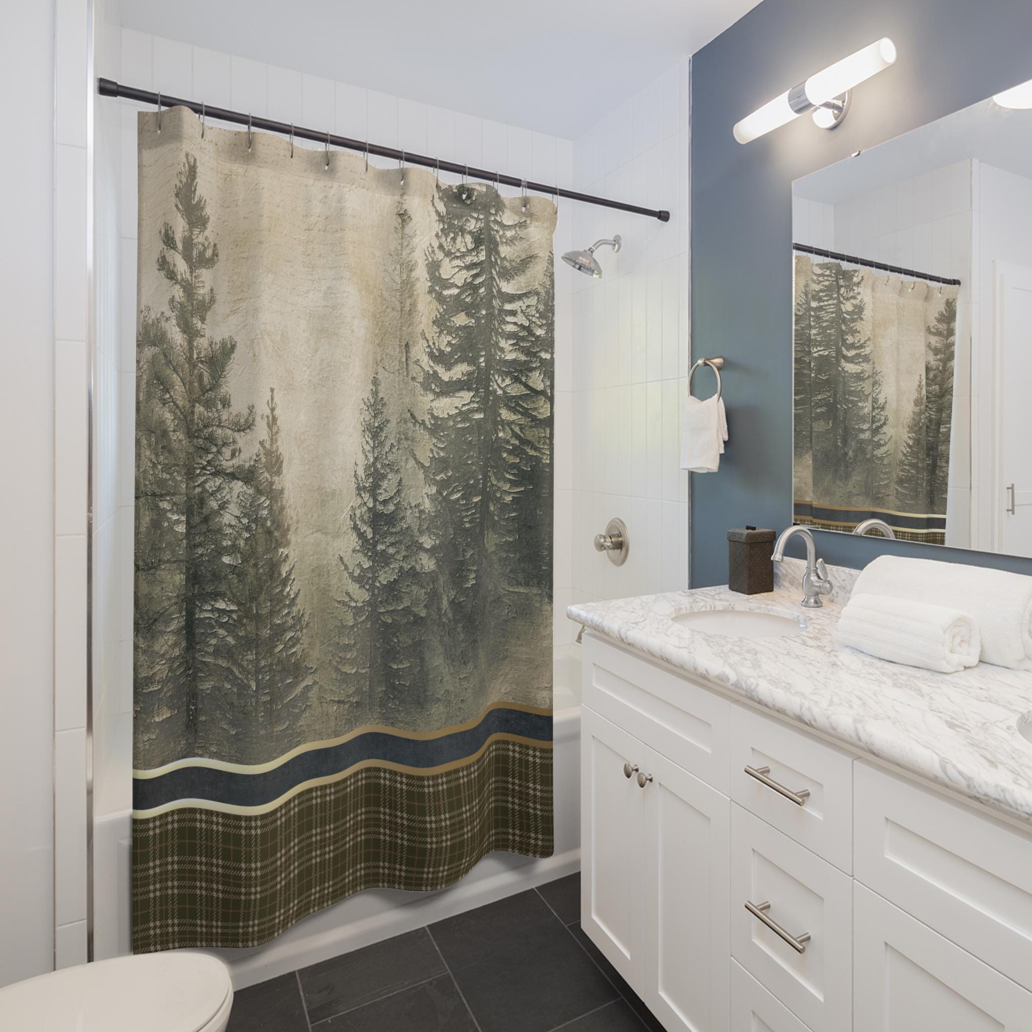 Moody Pines With Plaid Shower Curtain, Pine Trees Bath Curtain - Nature ...