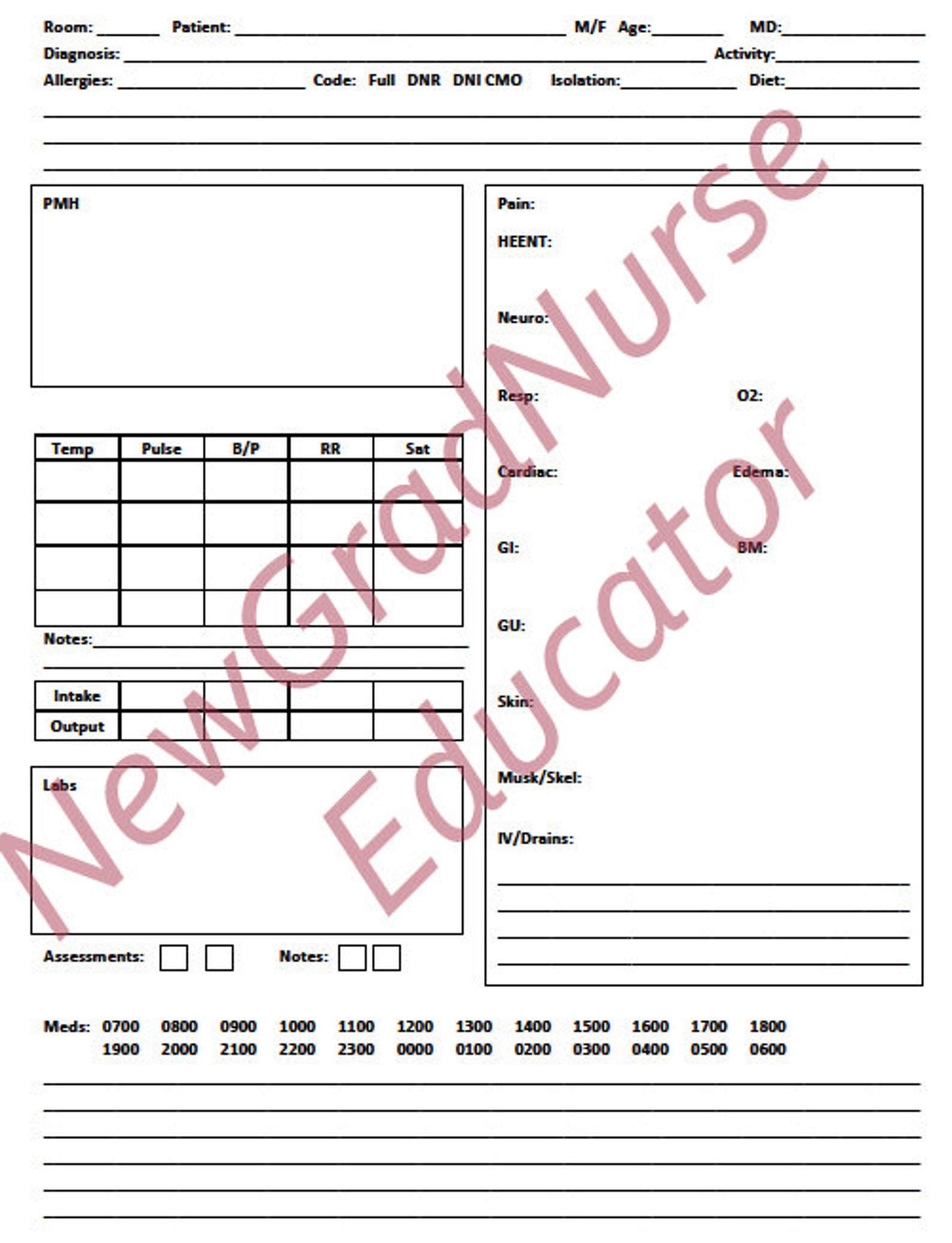 1 Patient Nursing Report Sheet/ Brain Sheet - Etsy
