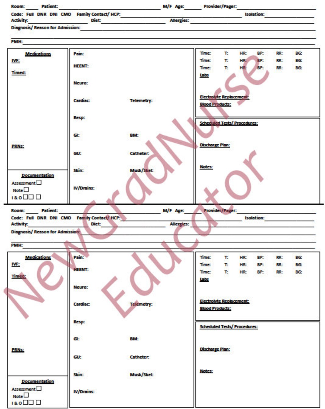2 Patient Nursing Report Sheet/ Brain Sheet - Etsy