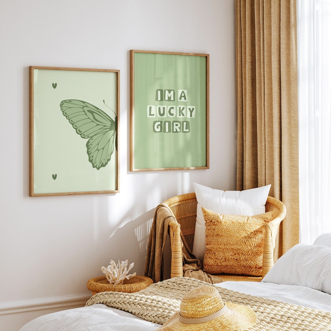 Green Aesthetic Prints, Lucky Girl Print, Retro Butterfly Poster, Set ...