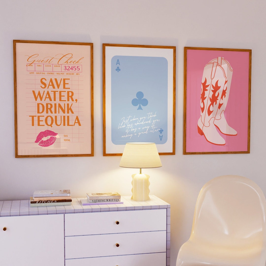 Coastal Cowgirl Western Dorm Room Pink Orange Gallery Wall Art Set of 3 ...