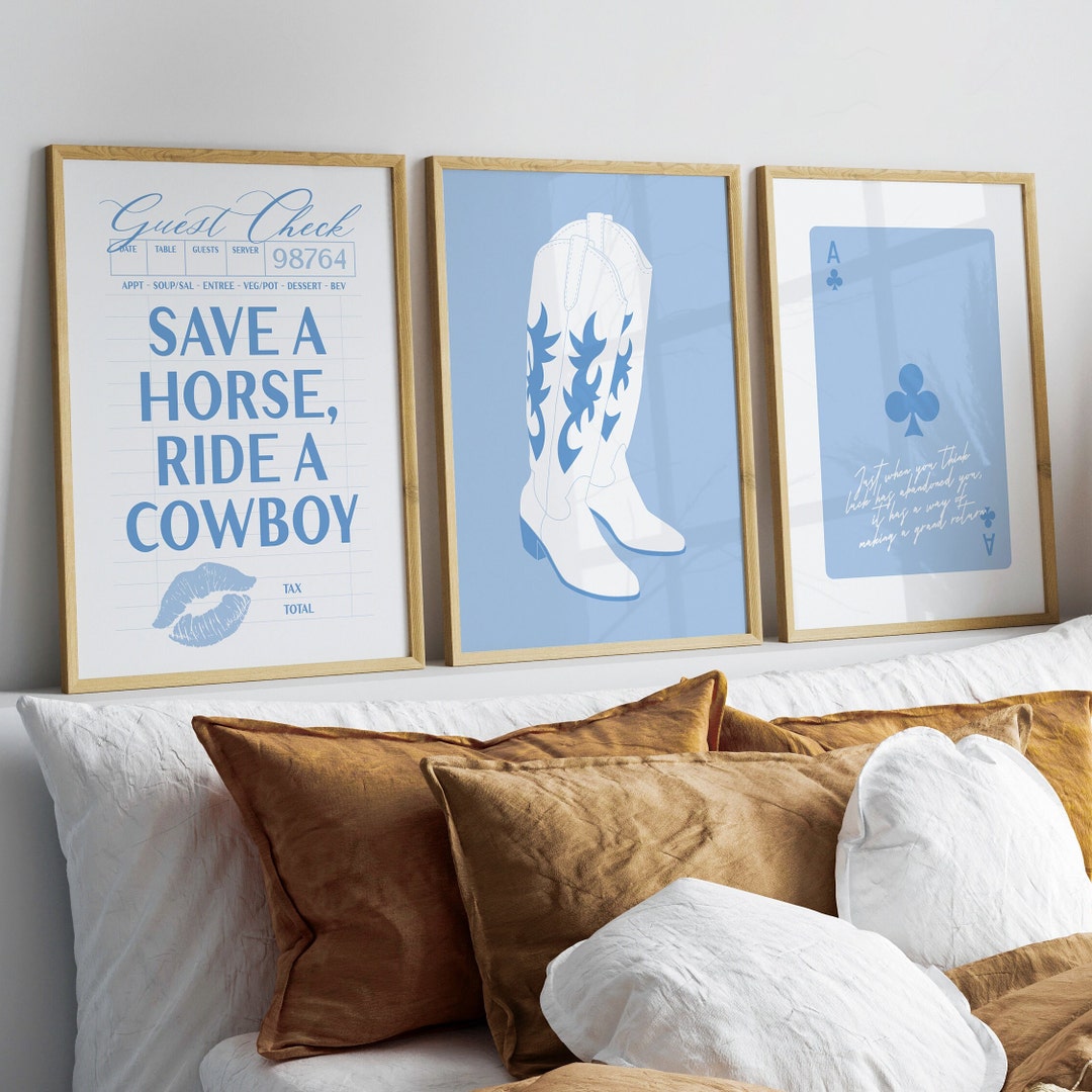 Blue Cowgirl Western Gallery Wall Art Set of 3, Preppy Save a Horse Ride a Cowboy Poster, Trendy ...