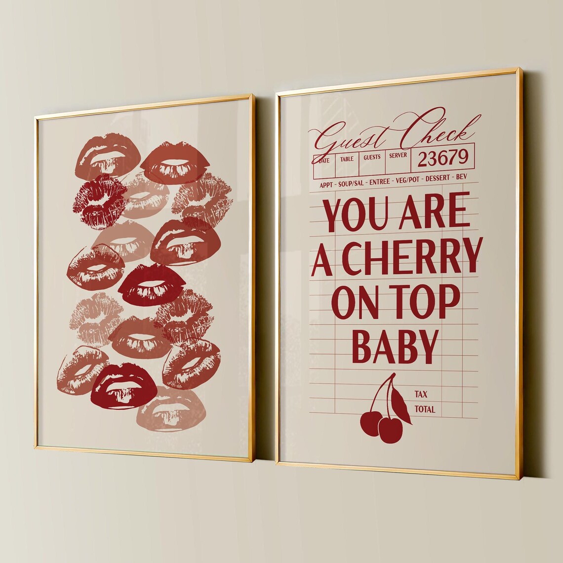 Kisses Print, Retro Guest Check Poster, Trendy Wall Art, Cherry Girly ...