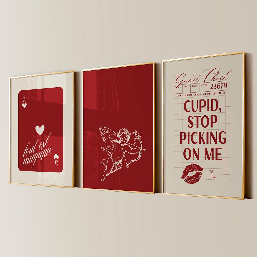 Red Playing Card Wall Art, Retro Wall Art Cupid Printable, Valentine's ...