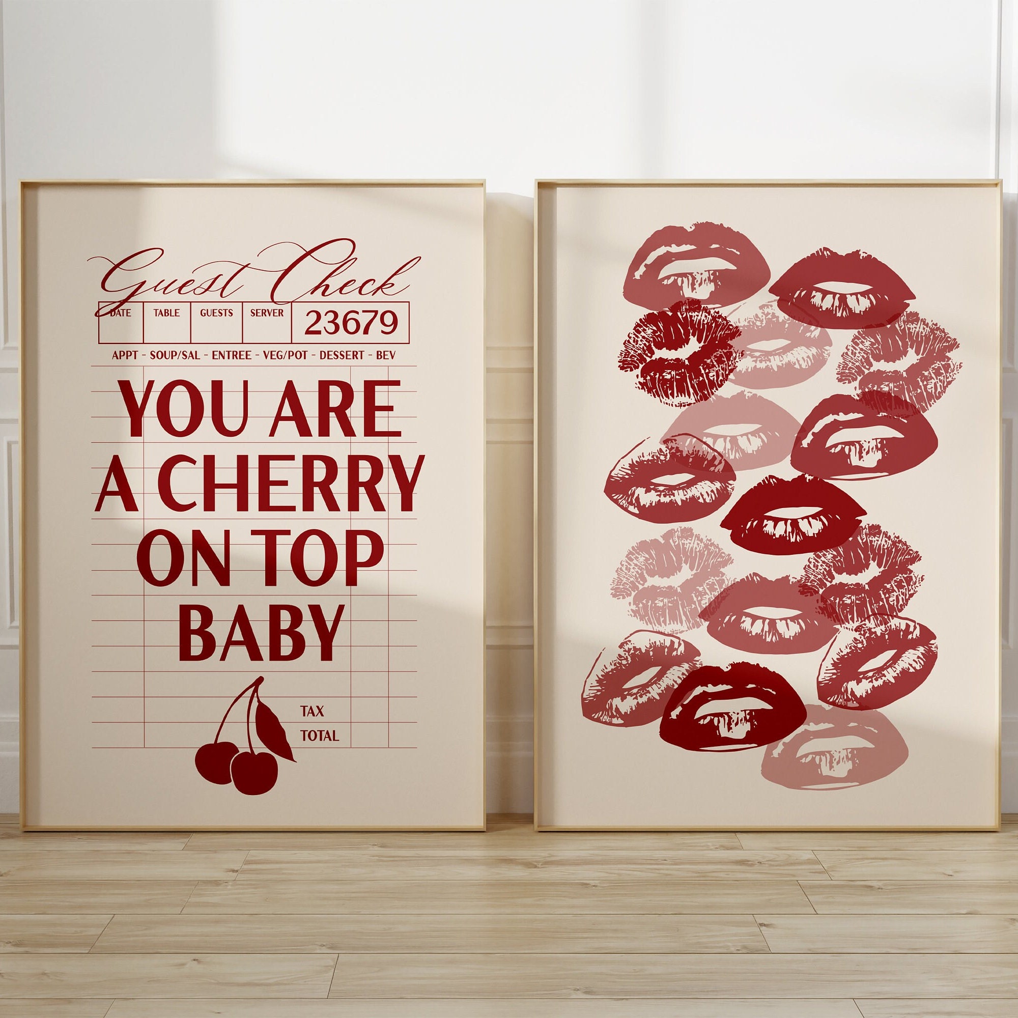 Kisses Print, Retro Guest Check Poster, Trendy Wall Art, Cherry Girly ...