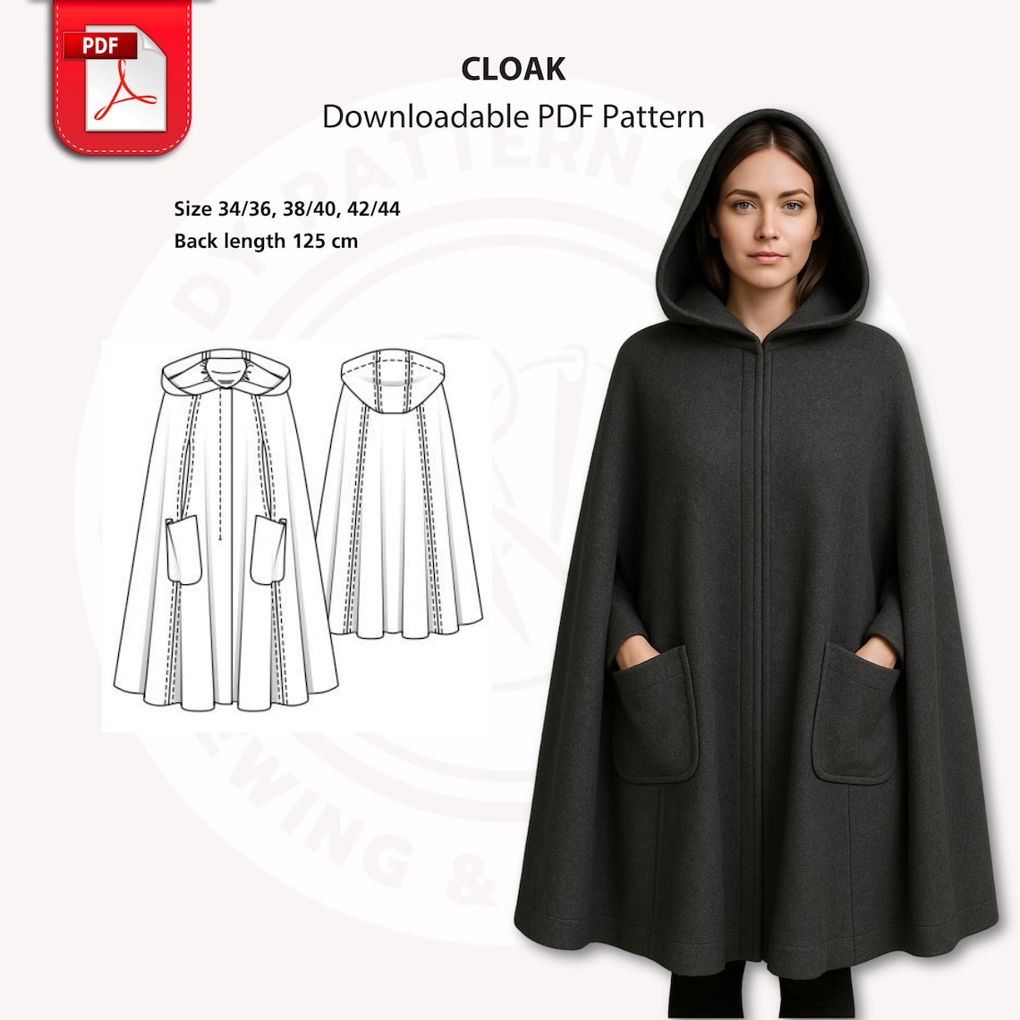 PDF Cloak Sewing Pattern With Hood | Halloween Cape Coat Pattern Sizes ...