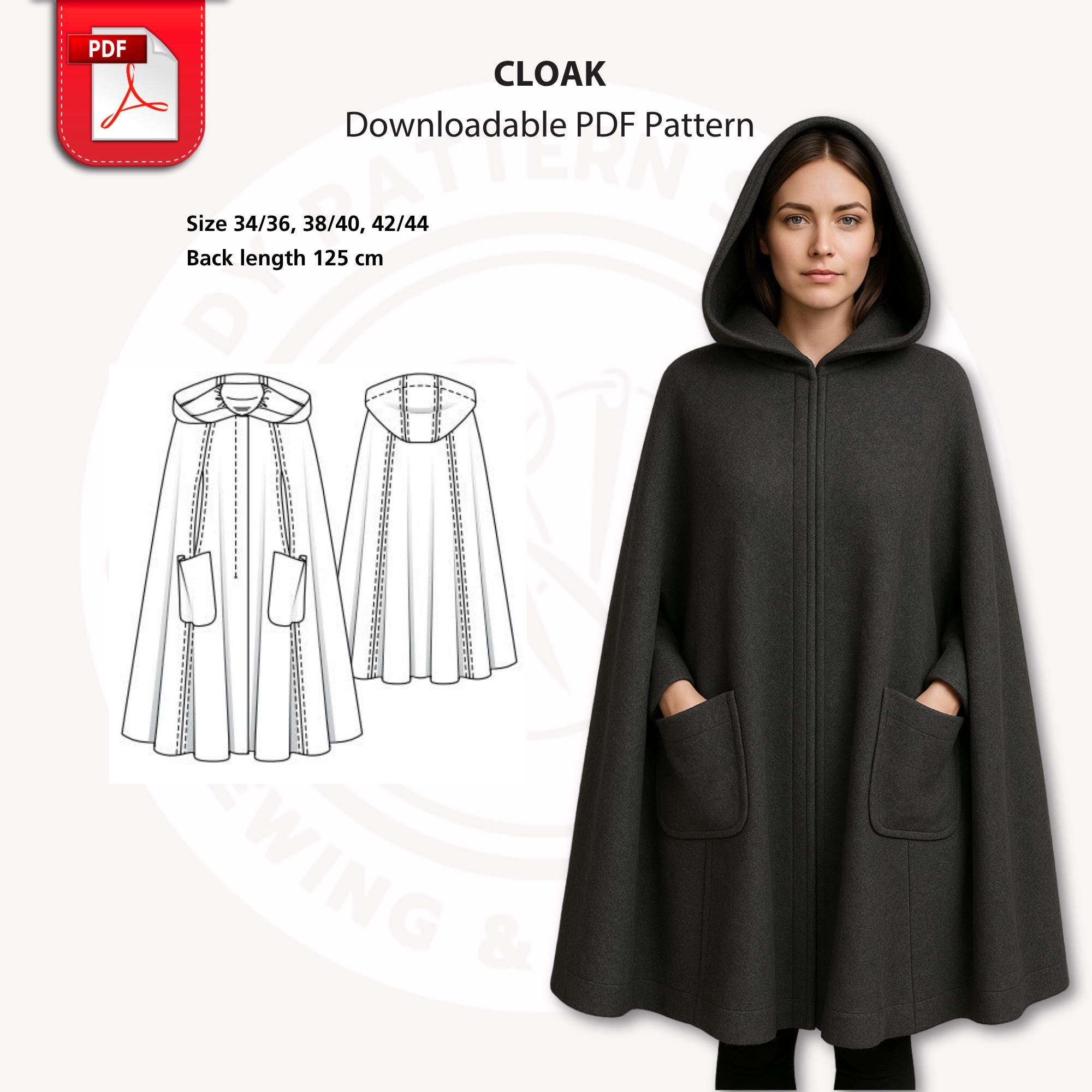 PDF Cloak Sewing Pattern With Hood | Halloween Cape Coat Pattern Sizes ...