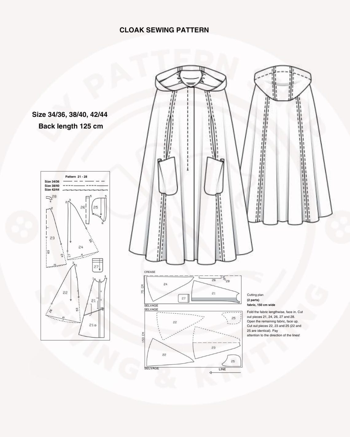 PDF Cloak Sewing Pattern With Hood | Halloween Cape Coat Pattern Sizes ...