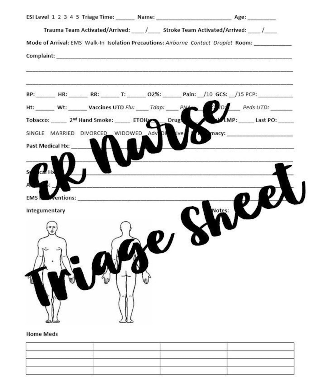 Printable ER Nurse Triage Paper Report Sheet INSTANT DOWNLOAD - Etsy UK
