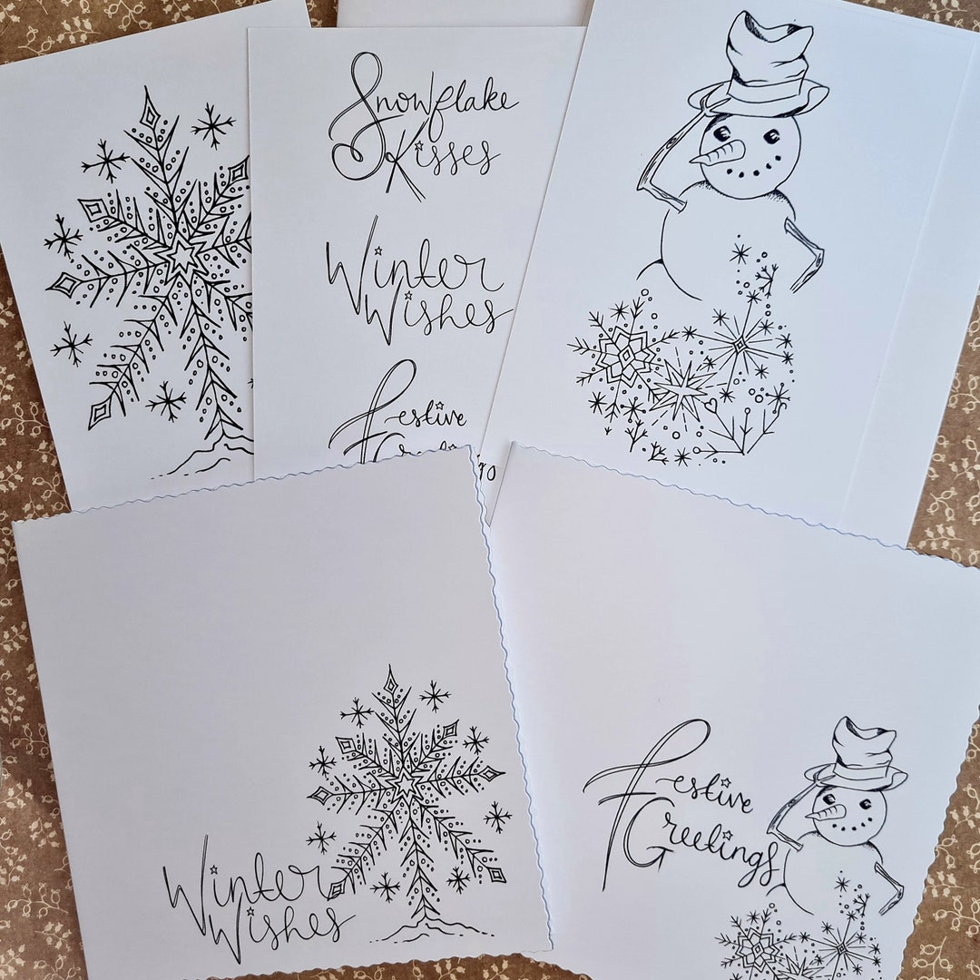 Colour in Christmas Cards Create 4 Cards Snowflake Christmas Tree ...
