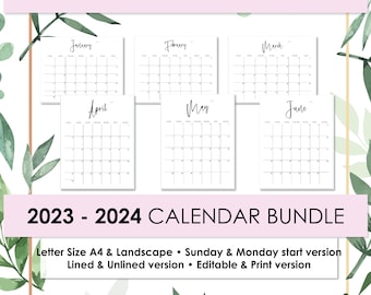 2023 2024 Printable Calendar Bundle Portrait Editable Monthly Flowers ...