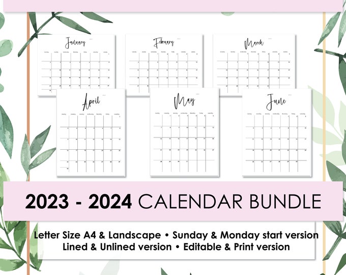 2023 2024 Printable Calendar Bundle | Portrait, Editable, Monthly ...