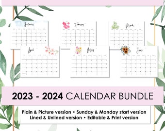2023 2024 Printable Calendar Bundle Portrait, Editable, Monthly ...