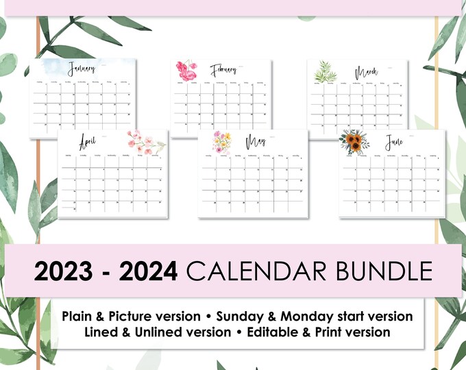 2023 2024 Printable Calendar Bundle | Portrait, Editable, Monthly ...