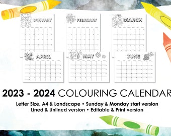 2023 2024 Printable Calendar Bundle Portrait Editable Monthly Flowers ...