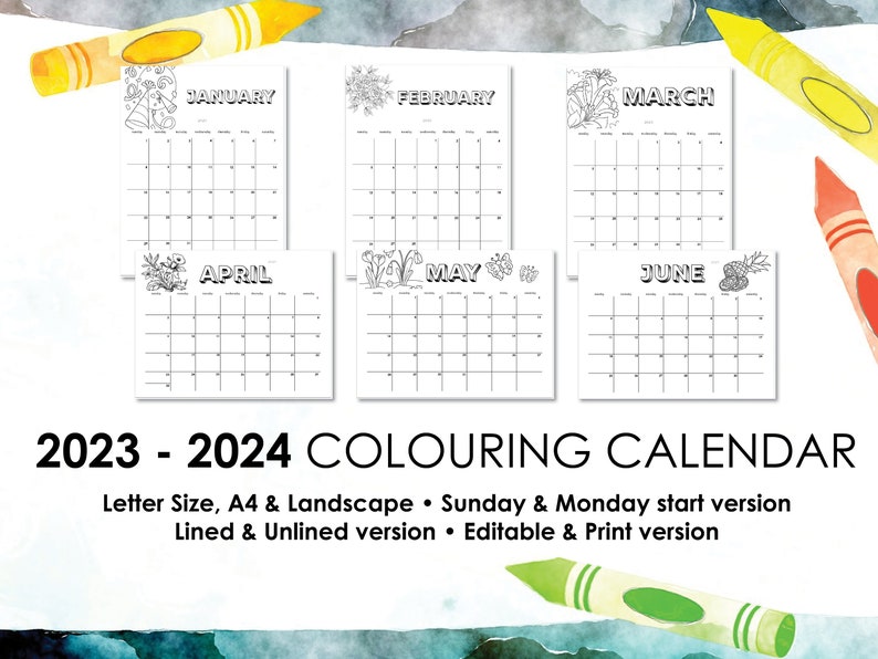 2023 2024 Colouring Calendar Bundle | Kids, Printable, Editable ...
