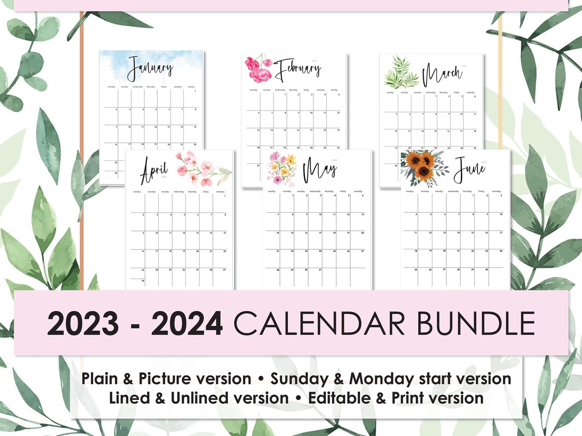 2023 2024 Printable Calendar Bundle Portrait, Editable, Monthly ...