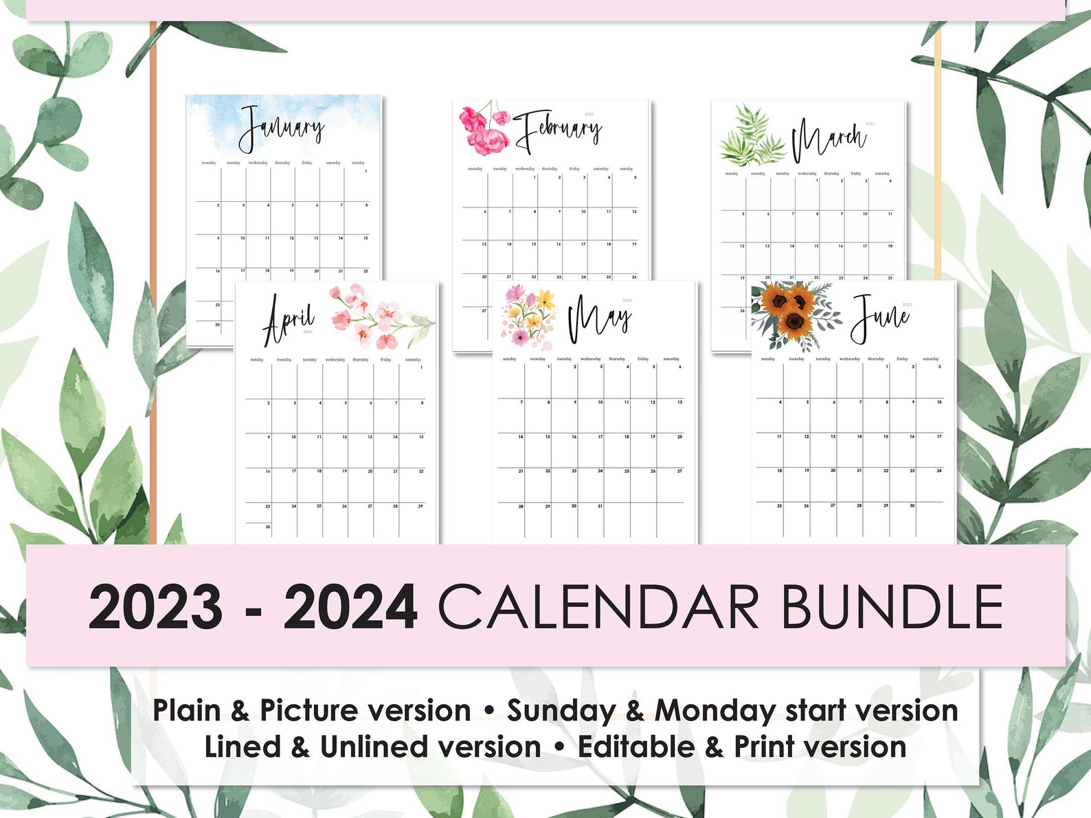 2023 2024 Printable Calendar Bundle | Portrait, Editable, Monthly ...