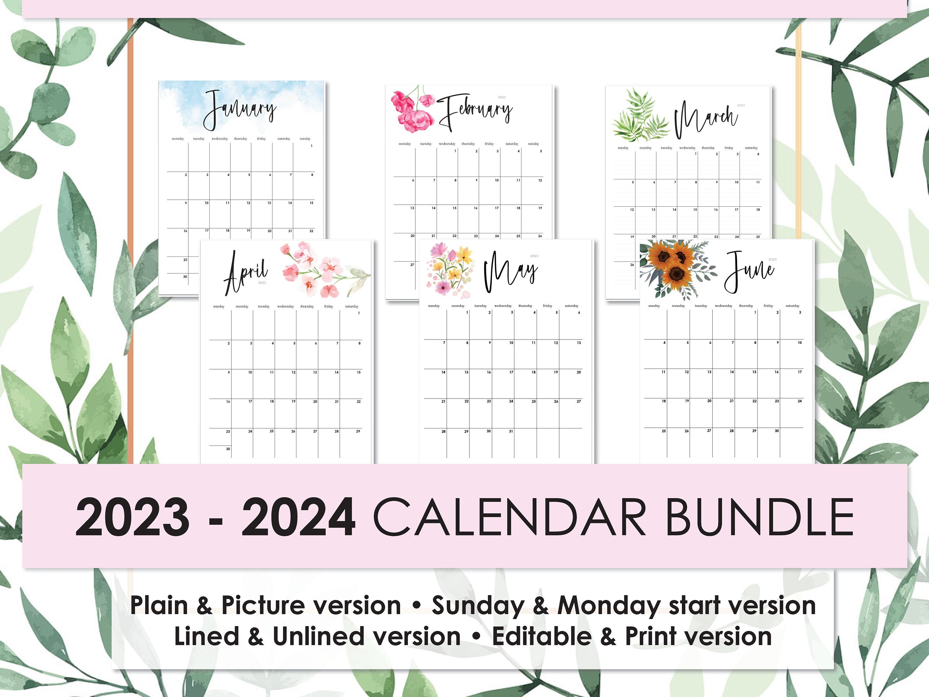 2023 2024 Printable Calendar Bundle Portrait, Editable, Monthly ...