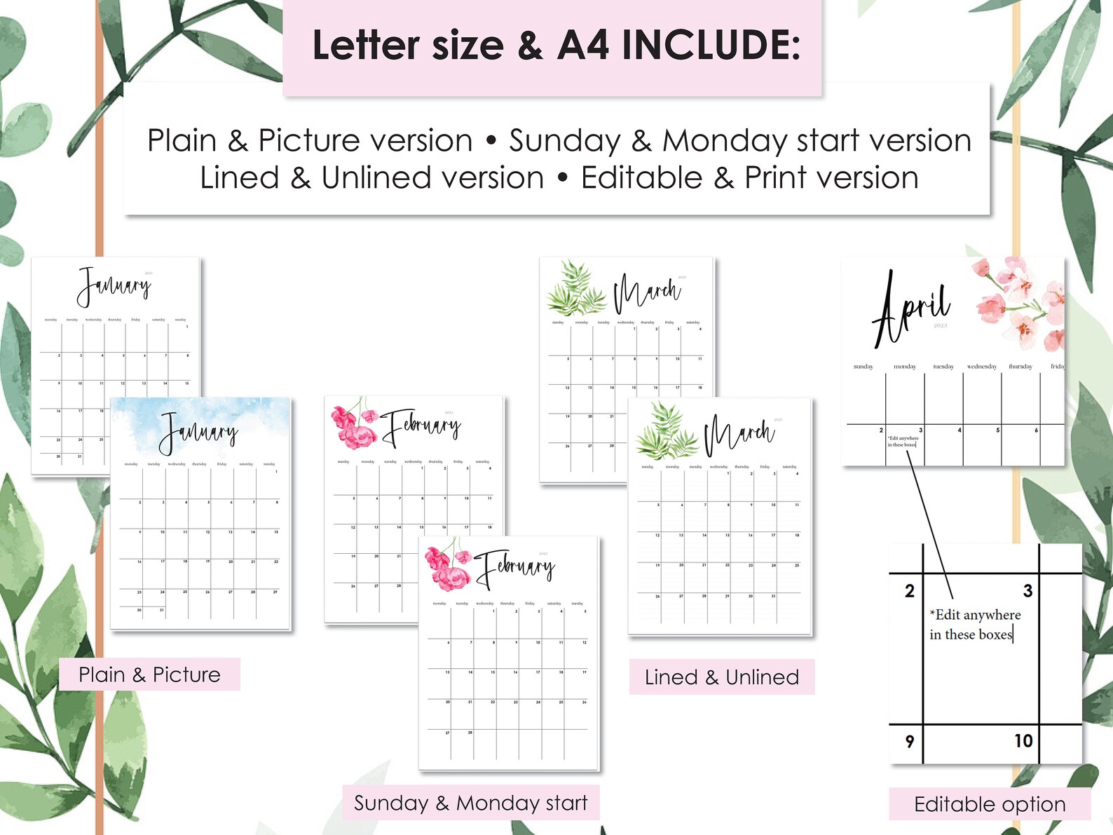 2023 2024 Printable Calendar Bundle | Portrait, Editable, Monthly ...