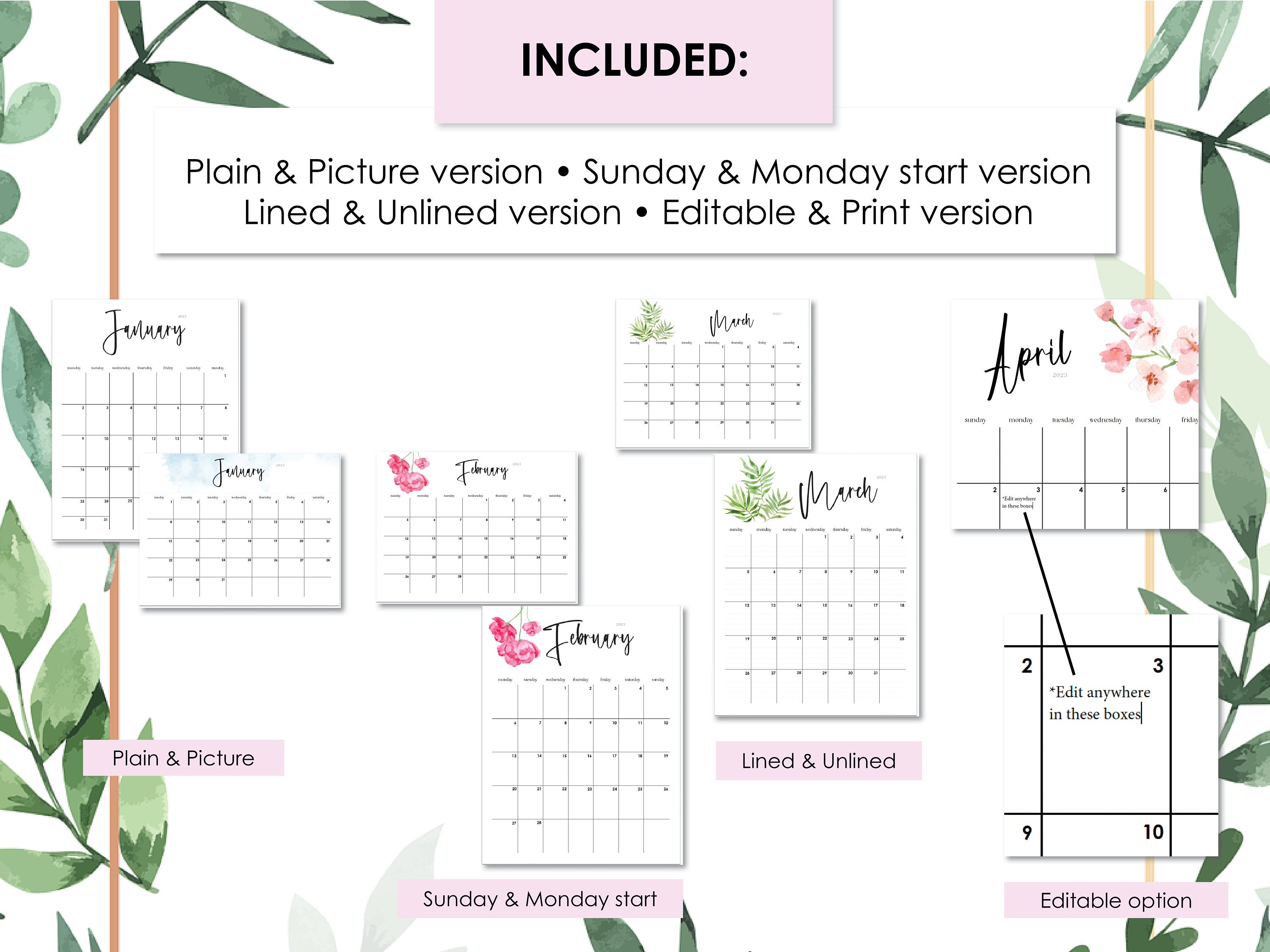 2023 2024 Landscape Calendar Bundle | Printable, Editable, Monthly ...
