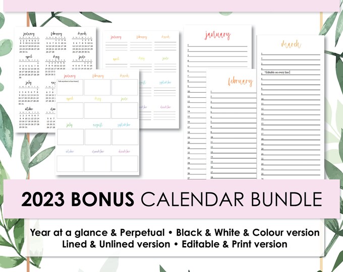 2023 2024 Printable Calendar Bundle | Portrait, Editable, Monthly ...