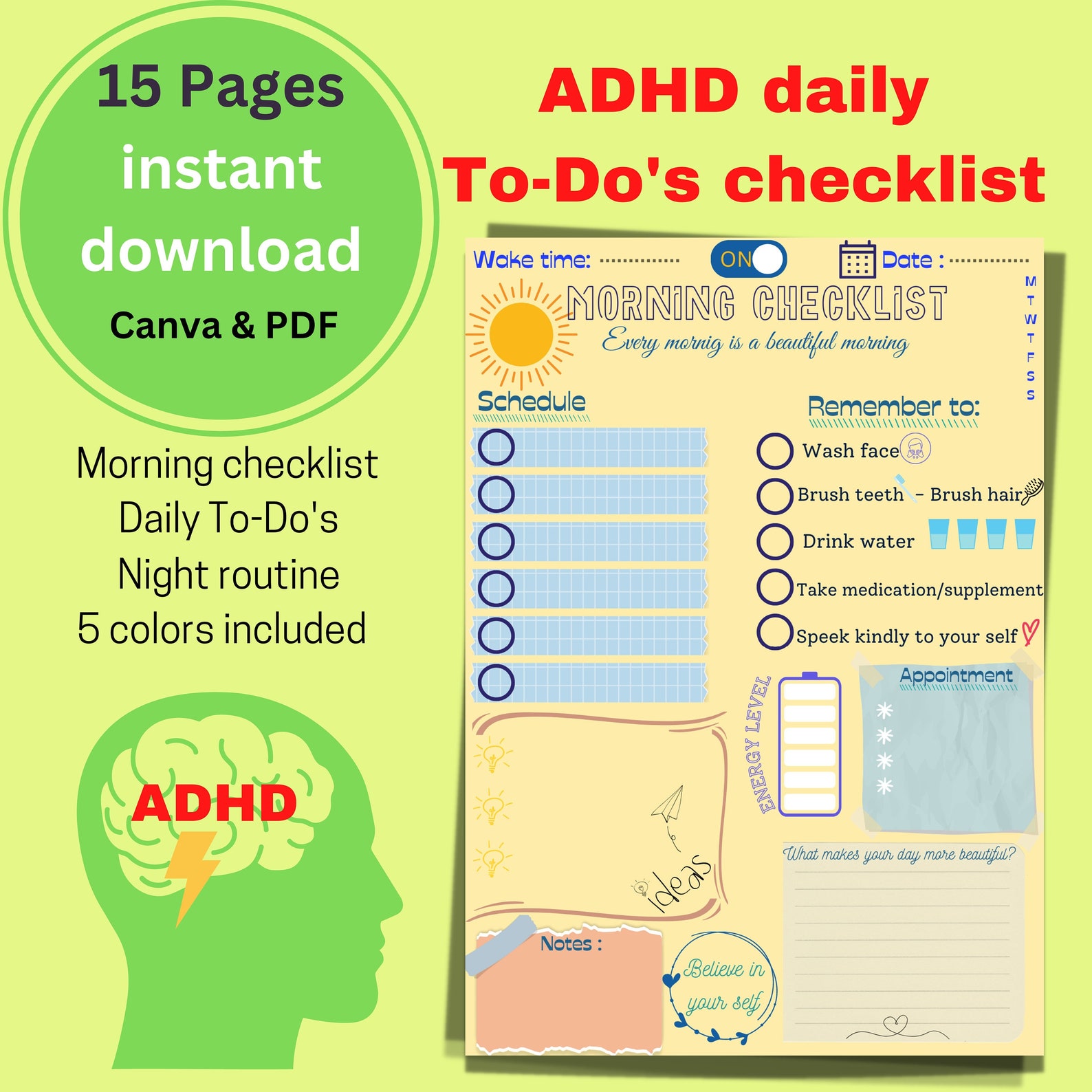 ADHD DAILY Planner CHECKLIST Template Adhd Digital Planner - Etsy