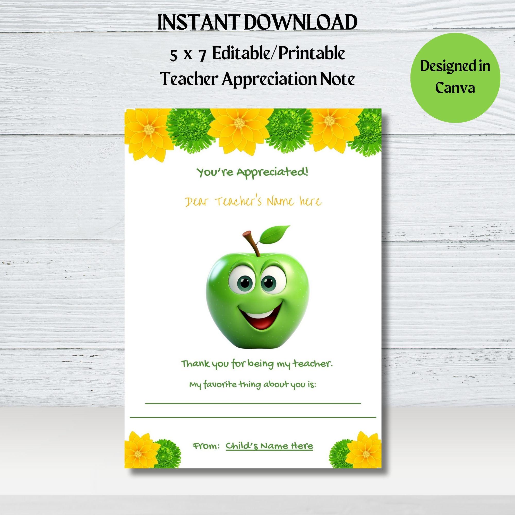 Editable Teacher Appreciation Card: Printable Thank You Gift (5x7 ...