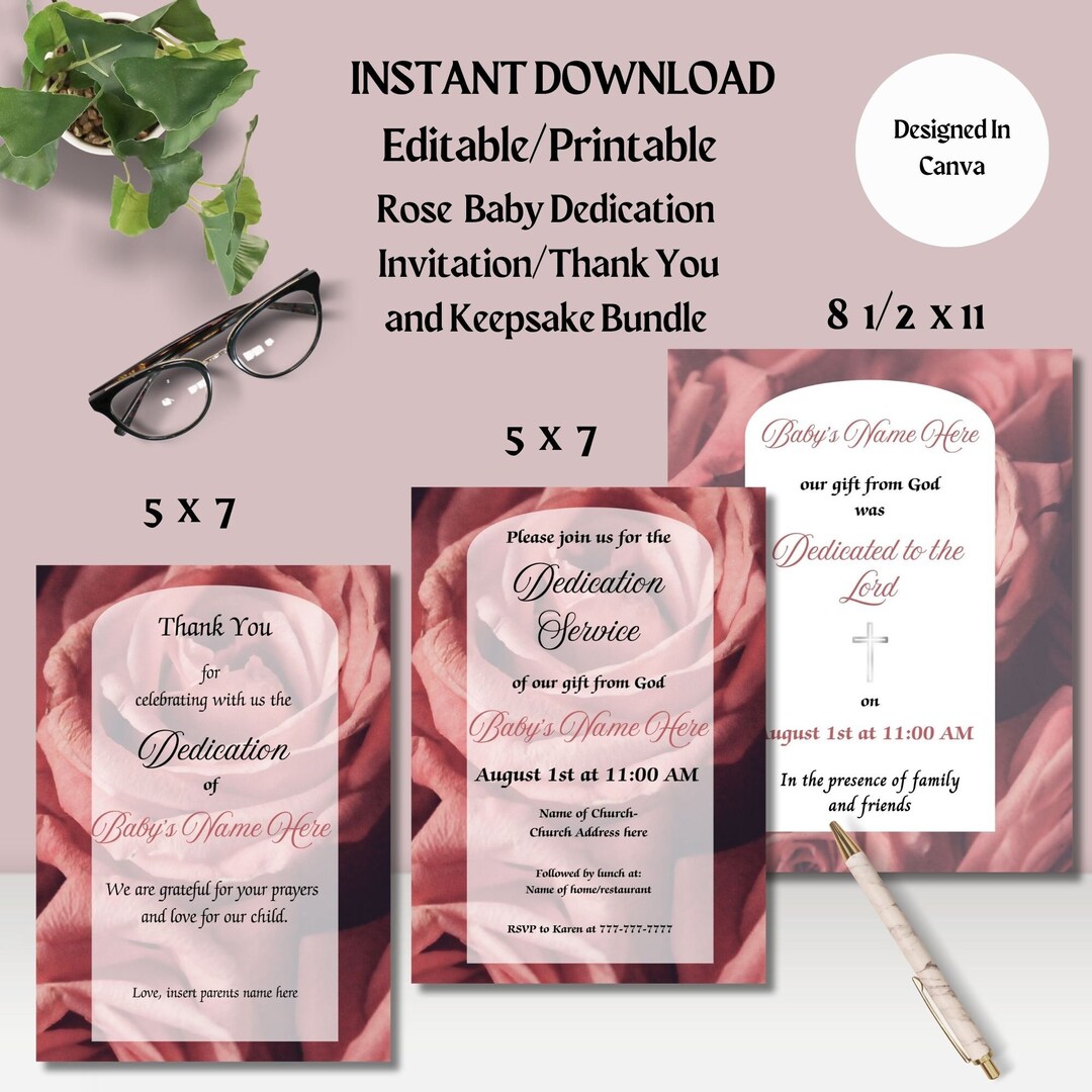 Rose Baby Dedication Invitation Bundle: Editable Template (digital ...
