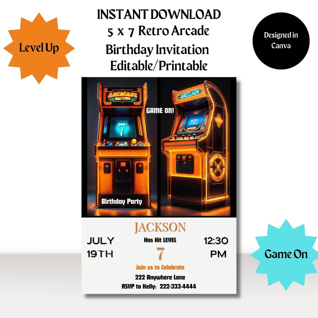 Editable Retro Arcade Birthday Invitation-game On-5 X 7-INSTANT ...