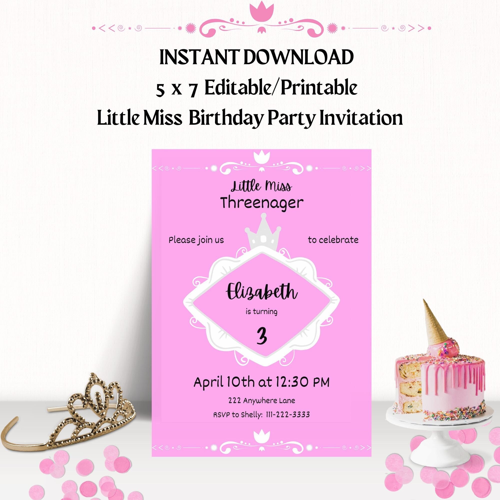 Editable-printable Little Miss Threenager Birthday Invitation-5x7 ...