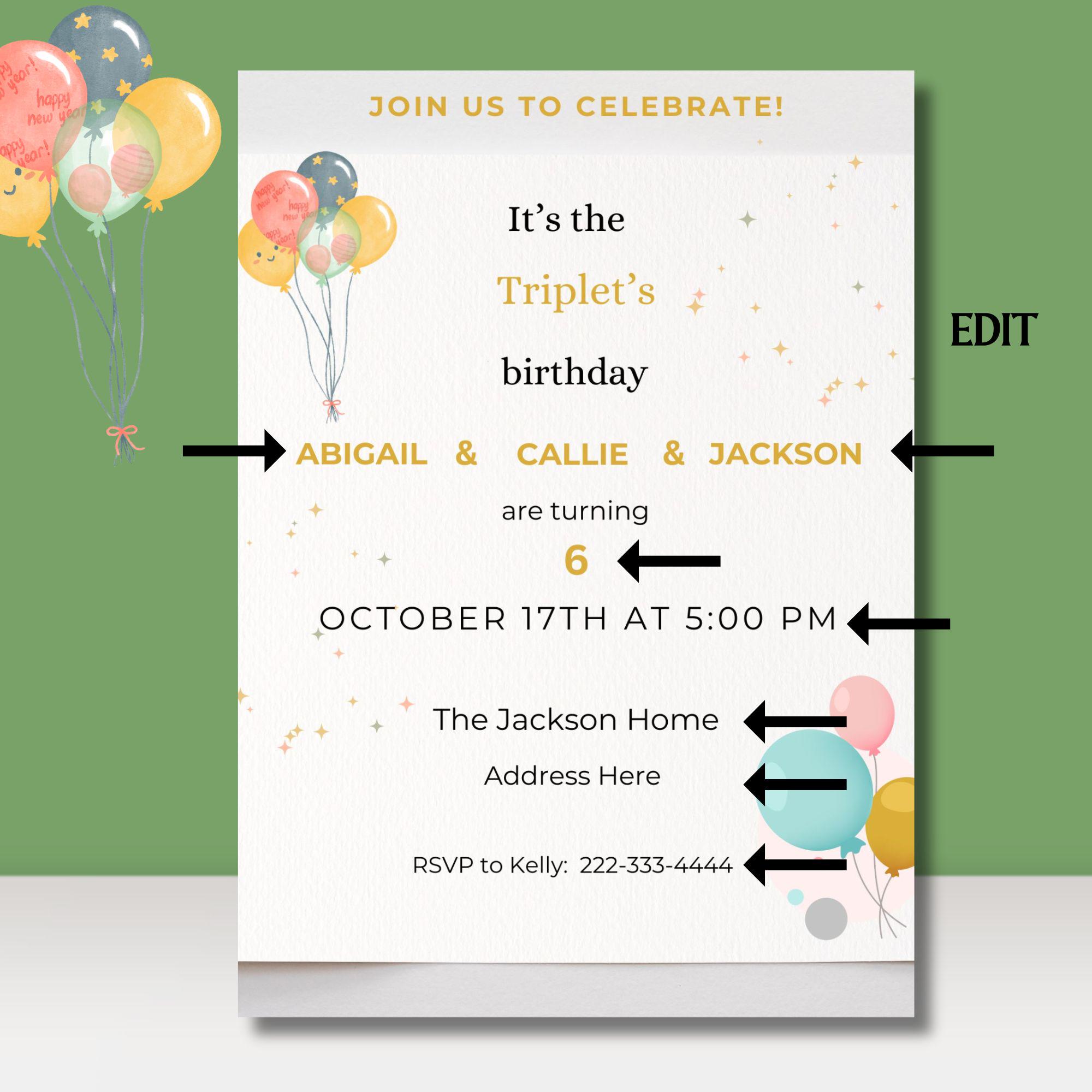 Triplet's Birthday Party Invitation-gender Neutral-triple Birthday Bash ...