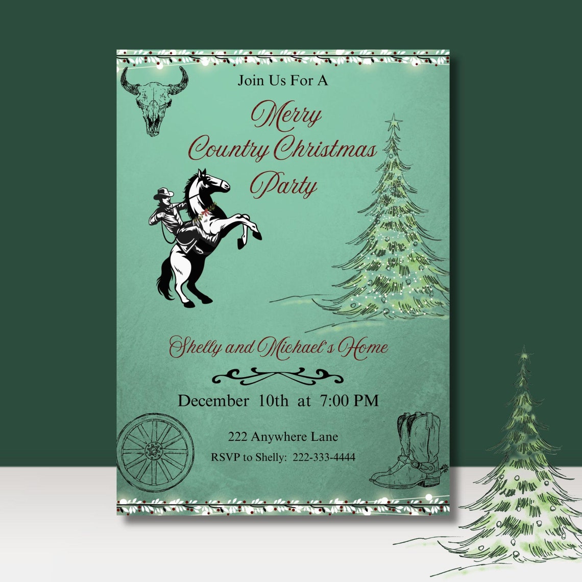 Editable Country Christmas Party Invitation: Western Theme (5x7 ...