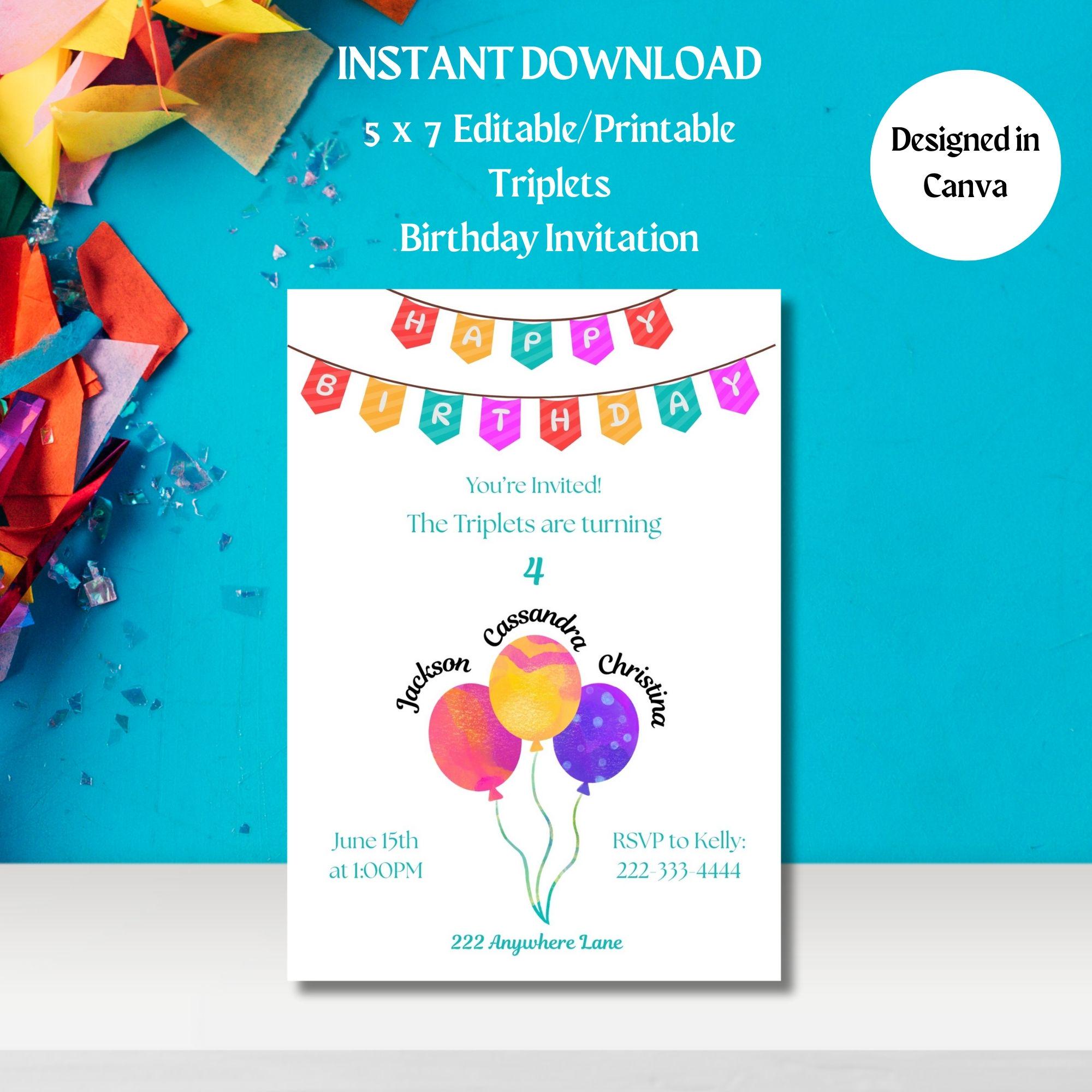 Triplet's Birthday Invitation-joint Birthday-5x7-editable-instant ...