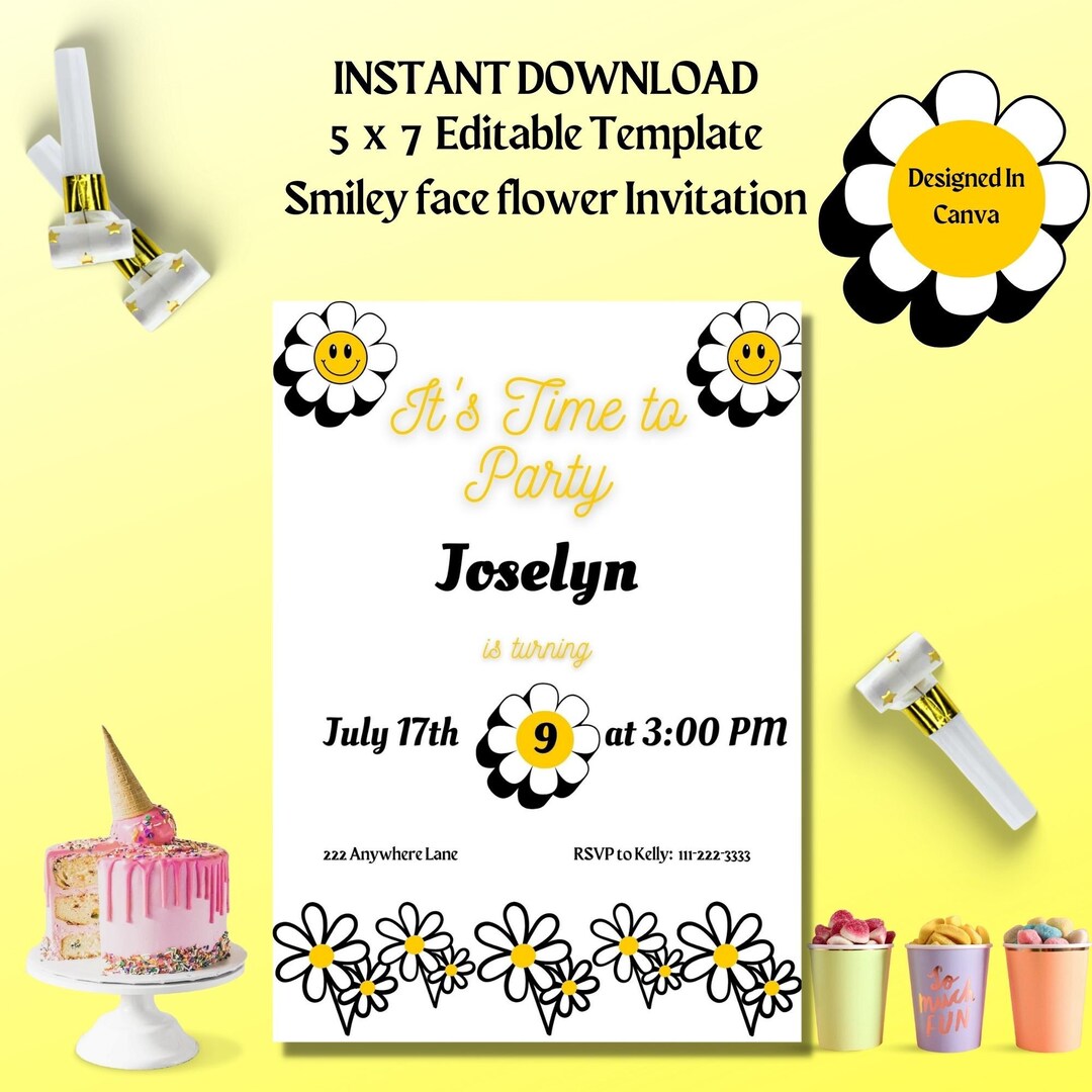 Smiley Face Flower Birthday Invitation Template-instant DOWNLOAD- 5 X 7 ...