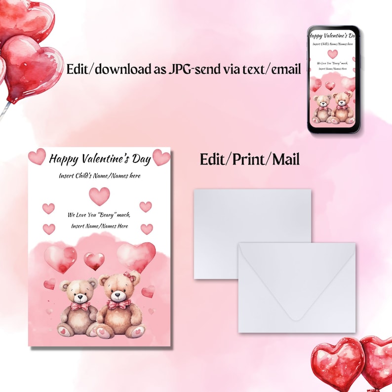 Editable-personalized beary Happy Valentine's Day Card-5x7-instant ...